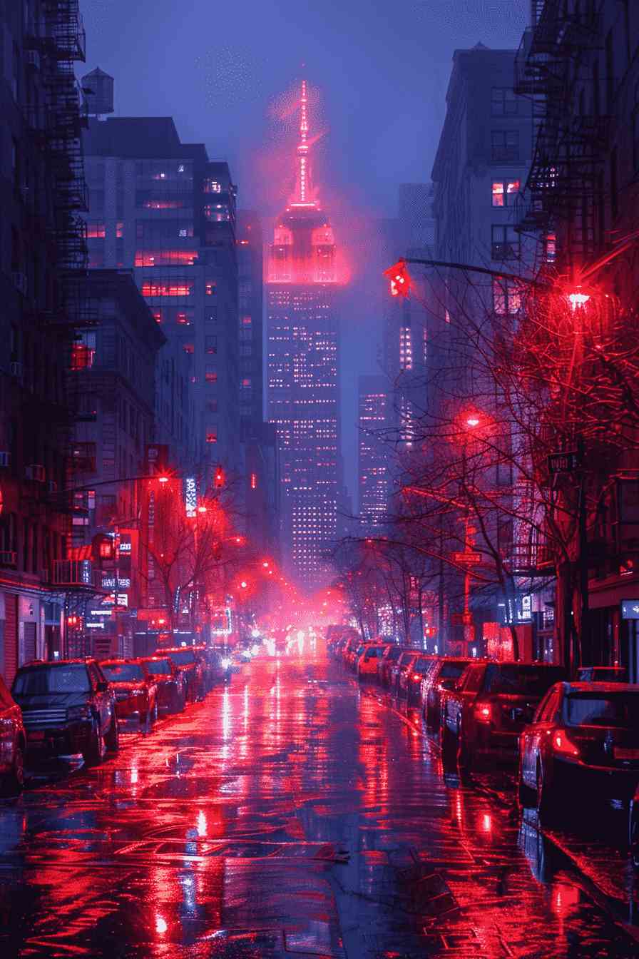 Rainy Night Cityscape with Red Lights and Skyscrapers - Png Aura