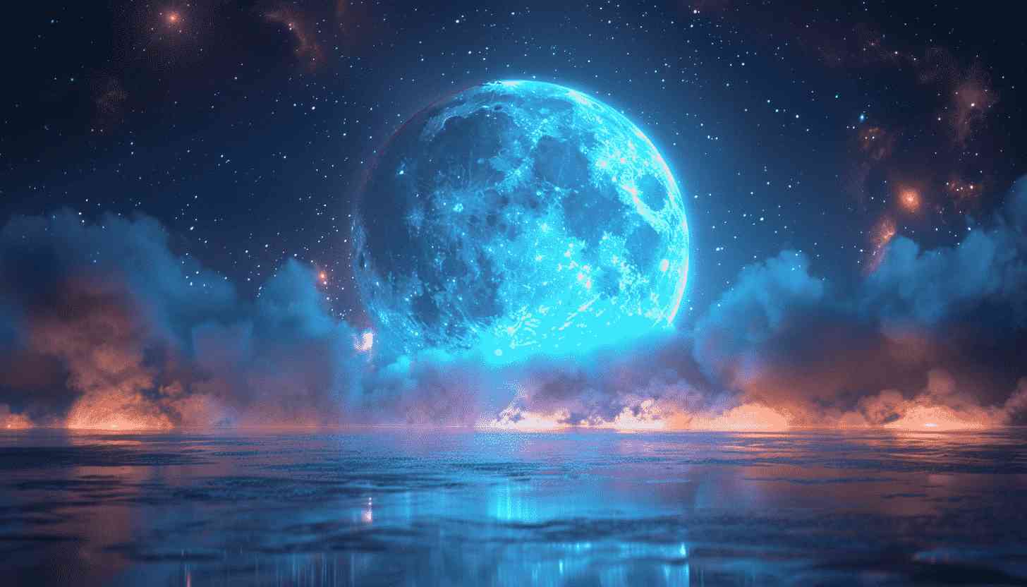 Glowing Blue Moon Over Watery Night Sky - Png Aura