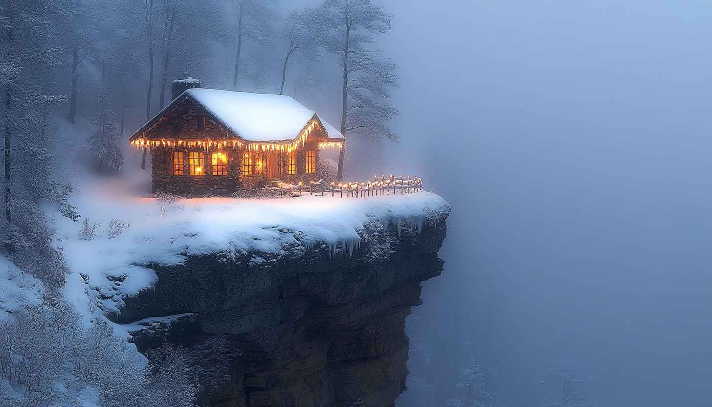 Snowy Cabin Cliffside Winter Wonderland Foggy Forest Background Wallpaper