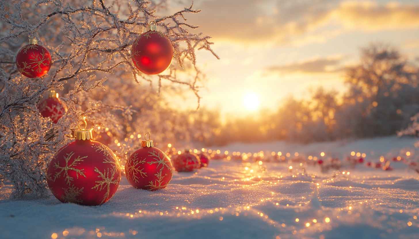 Snowy Christmas Ornament Landscape Wallpaper - Winter Sunset 4K ...