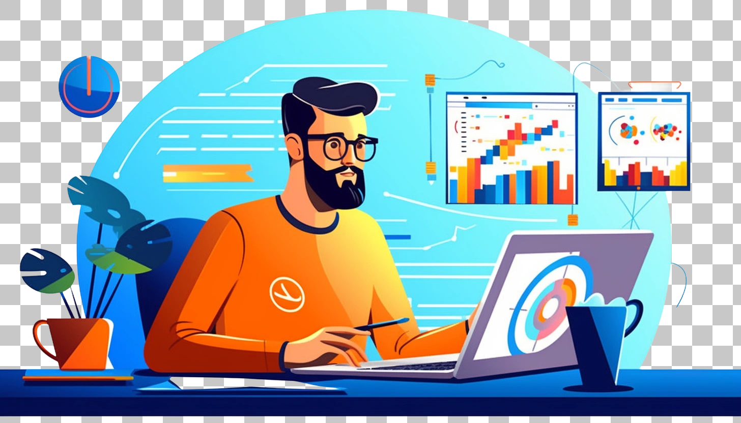 Data Analyst Working On Laptop With Charts - Png Aura