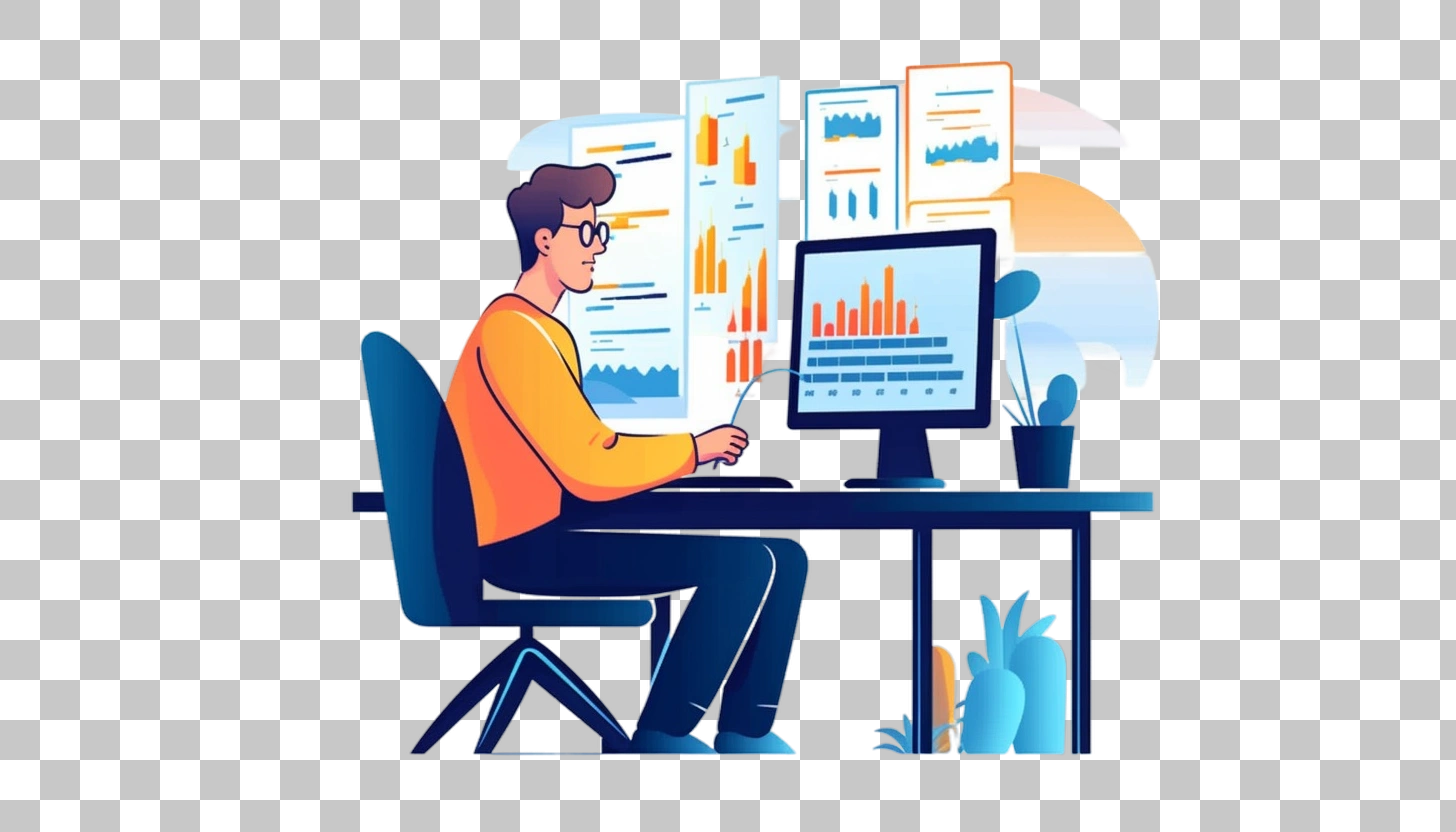 Man Working on Computer with Data Analytics and Charts - Png Aura
